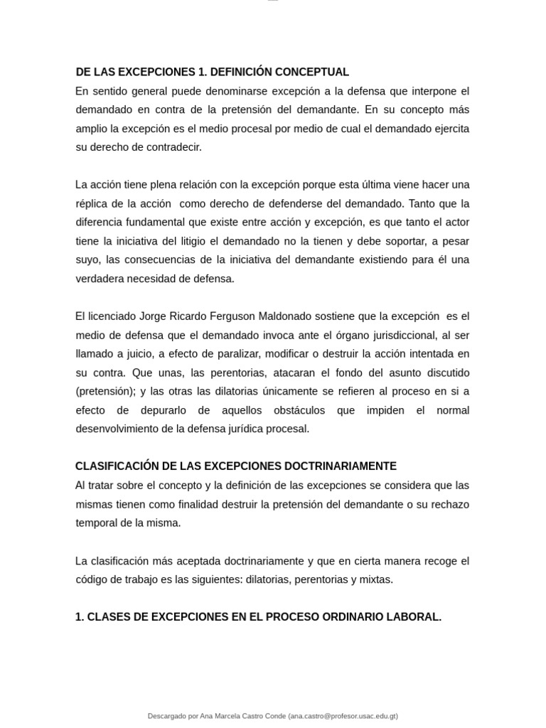 De Las Excepciones 1. Definición Conceptual: Descargado Por Ana Marcela Castro Conde (Ana ...