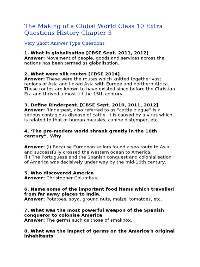 The Making of A Global World Class 10 Extra Questions History Chapter 3 ...