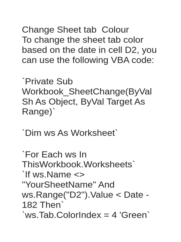 Sheet Tab Colour Change | PDF