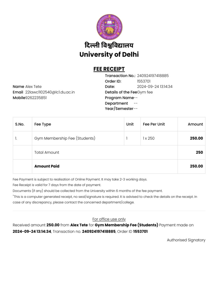 DU Gym Membership Fee Receipt | PDF