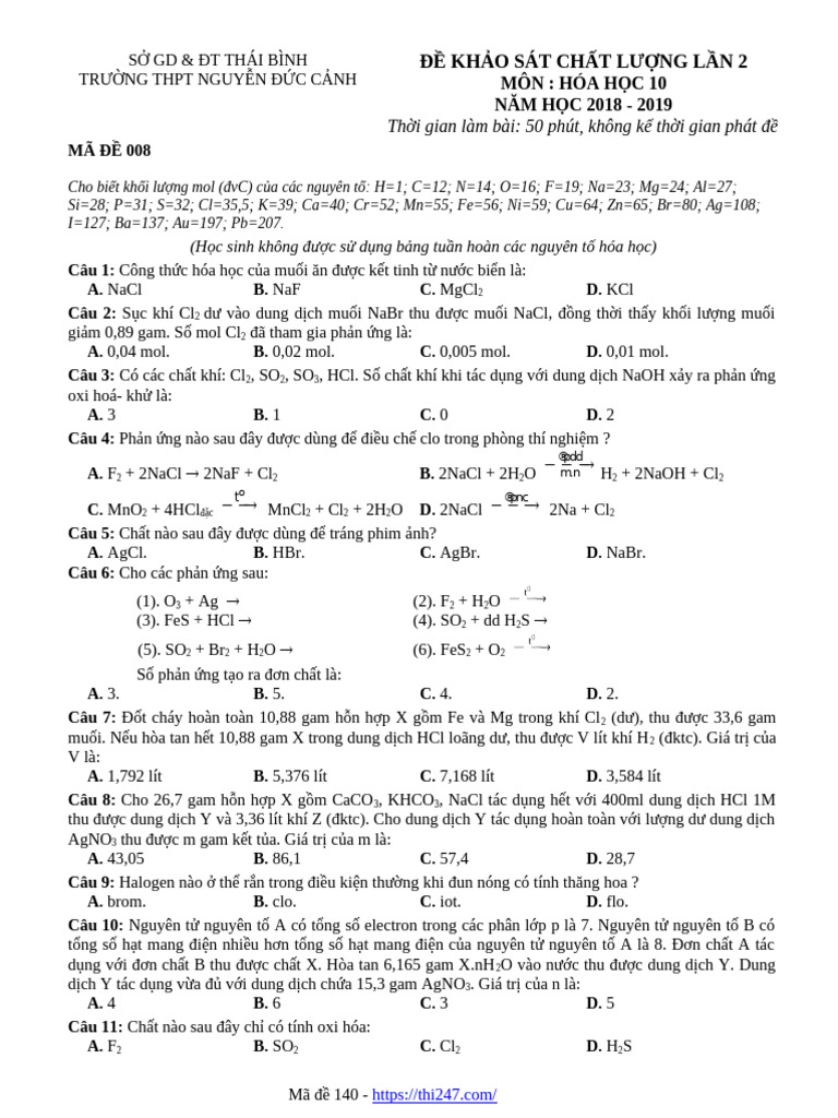 (Lib24.Vn) de Khao Sat Chat Luong Lan 2 Hoa 10 Truong THPT Nguyen Duc Canh Thai Binh Nam Hoc ...