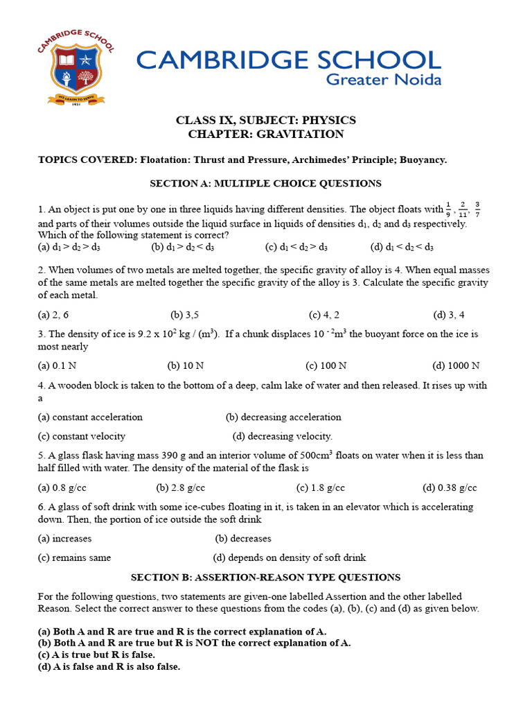 Class IX Physics: Gravitation MCQs | PDF | Physics | Liquids