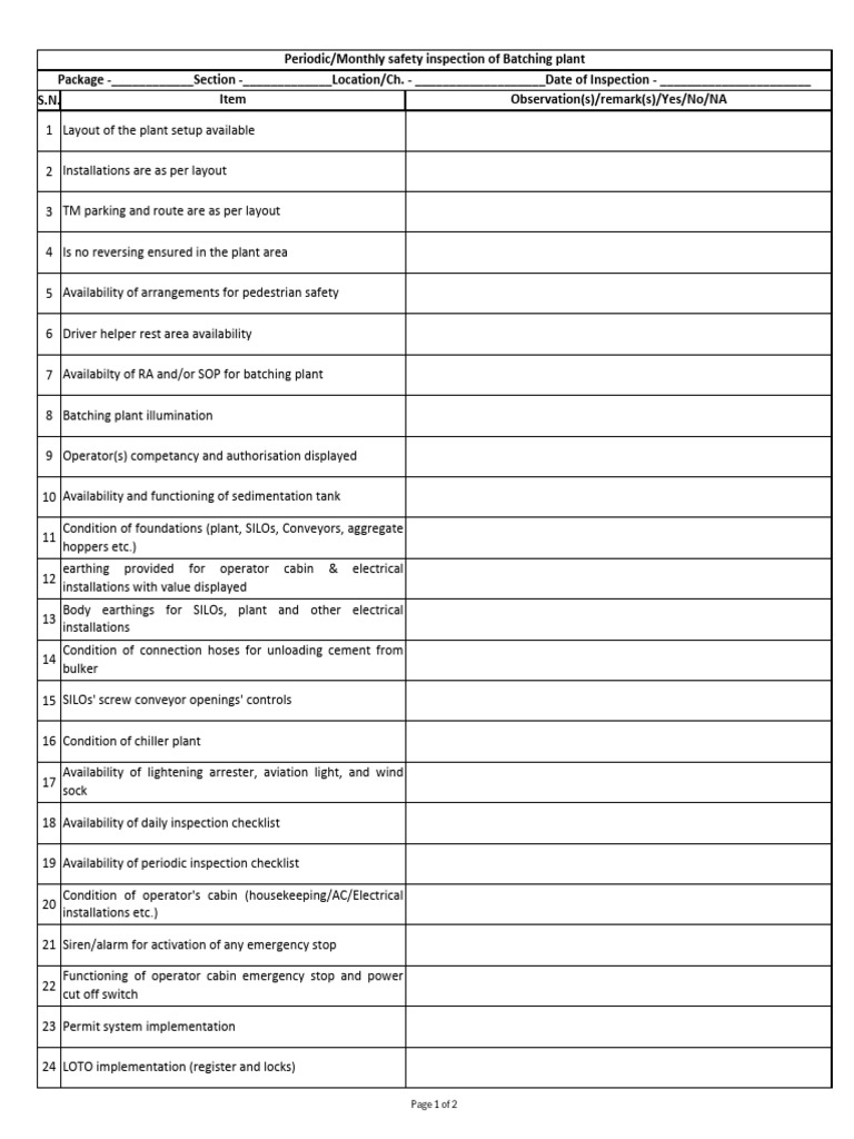 Batching Plant Inspection Master Checklist | PDF | Manufactured Goods ...