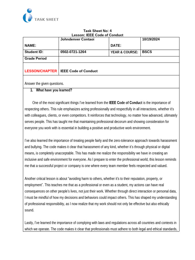 Task Sheet 4 - IEEE Code of Conduct | PDF | Psychological Concepts | Social Psychology