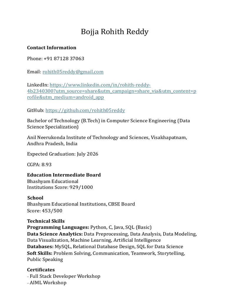 Bojja Rohith Reddy: Contact Information | PDF | Career & Growth