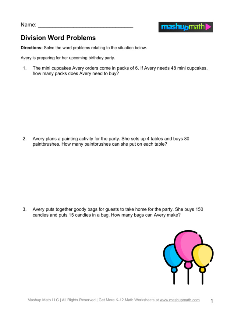 Division Word Problems Worksheet 1 | PDF