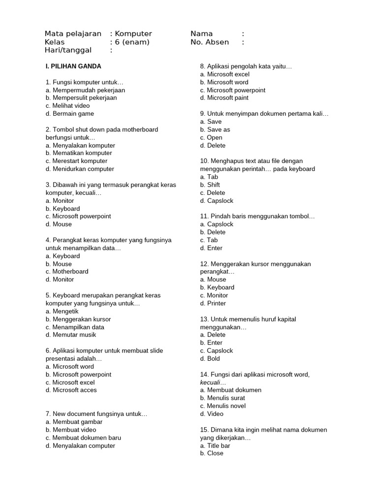 Contoh Soal Komputer Kelas 6 SD | PDF | Komputer