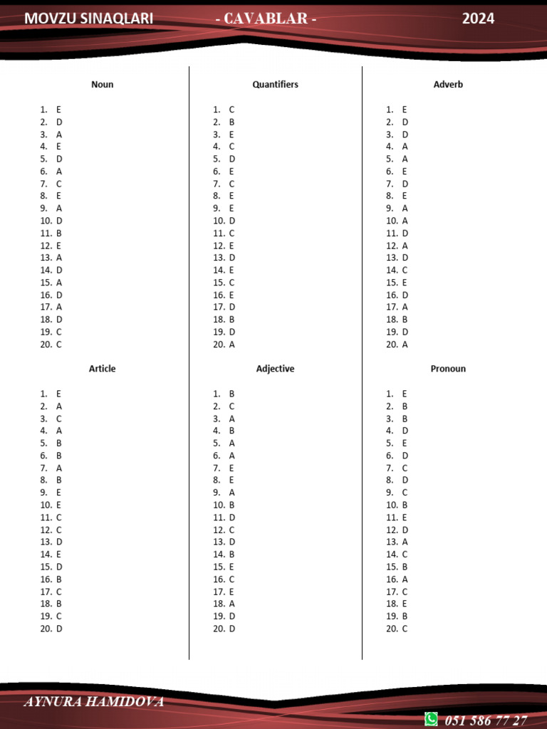 Movzu Sinaqlari 2024 - Cavablar | PDF | Adjective | Grammar