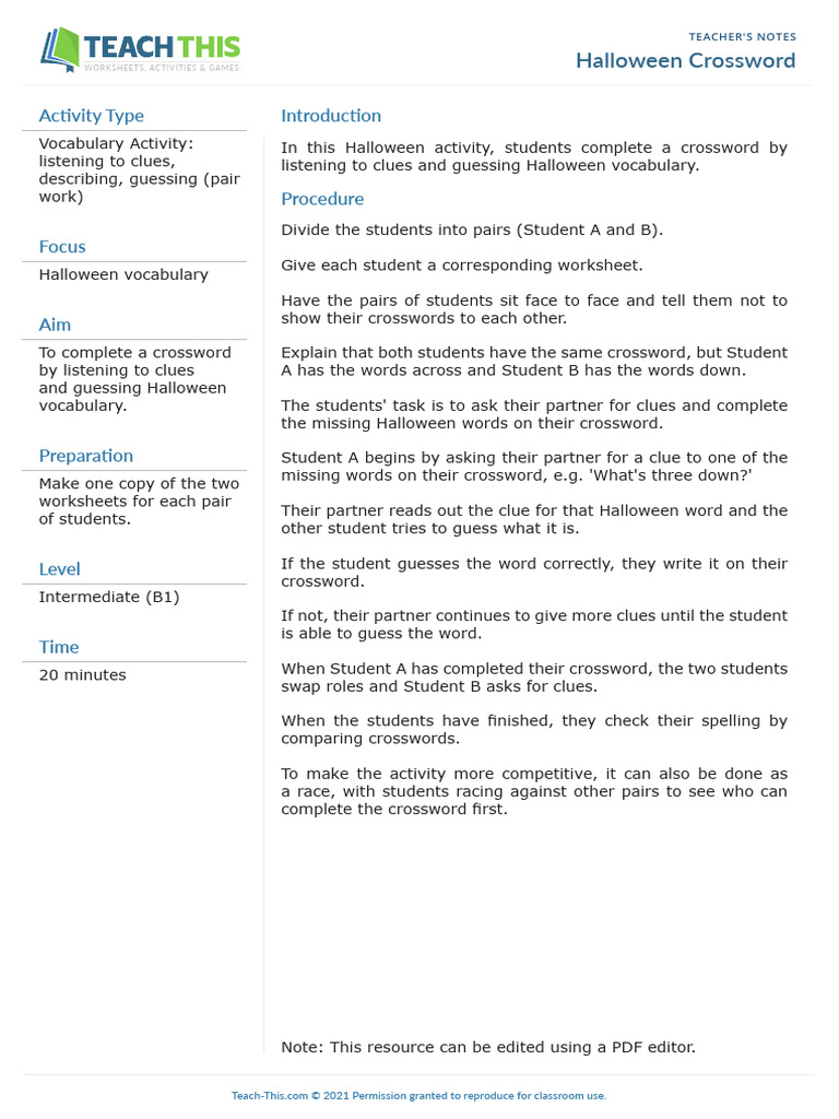 Halloween Vocabulary Crossword Activity | PDF | Crossword