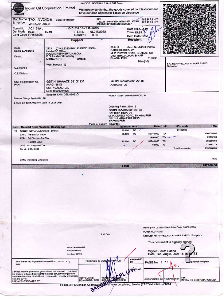 August-2021 Invoice Bitumen | PDF