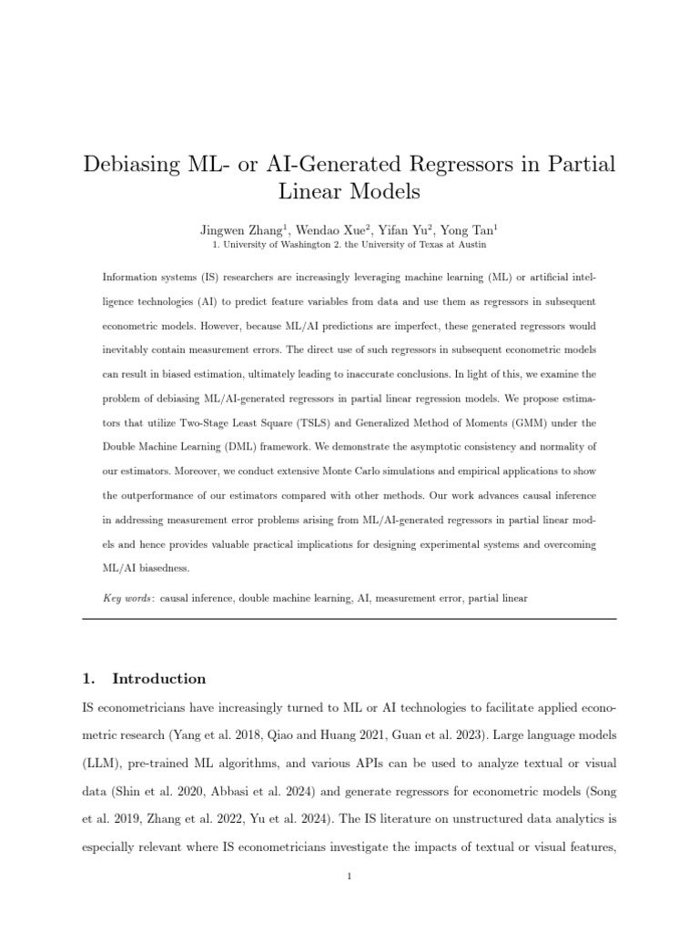 Debiasing ML-or AI-Generated Regressors in Partial Linear Models | PDF ...