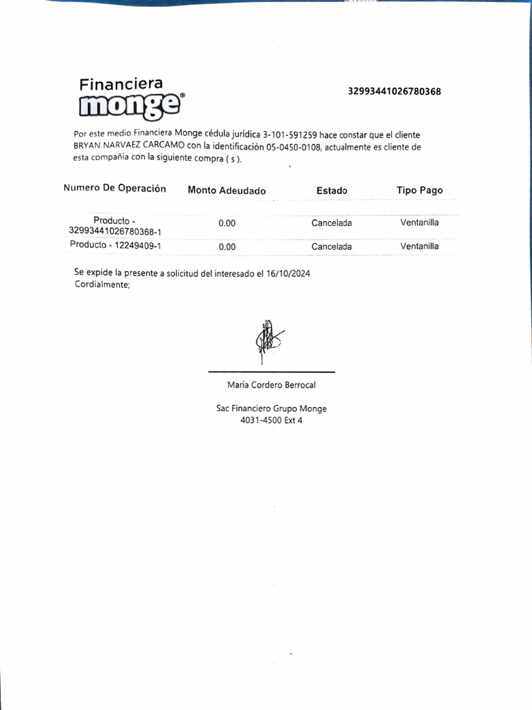 Carta de Descargo Financiera Monge | PDF | Negocios | Finanzas y dinero