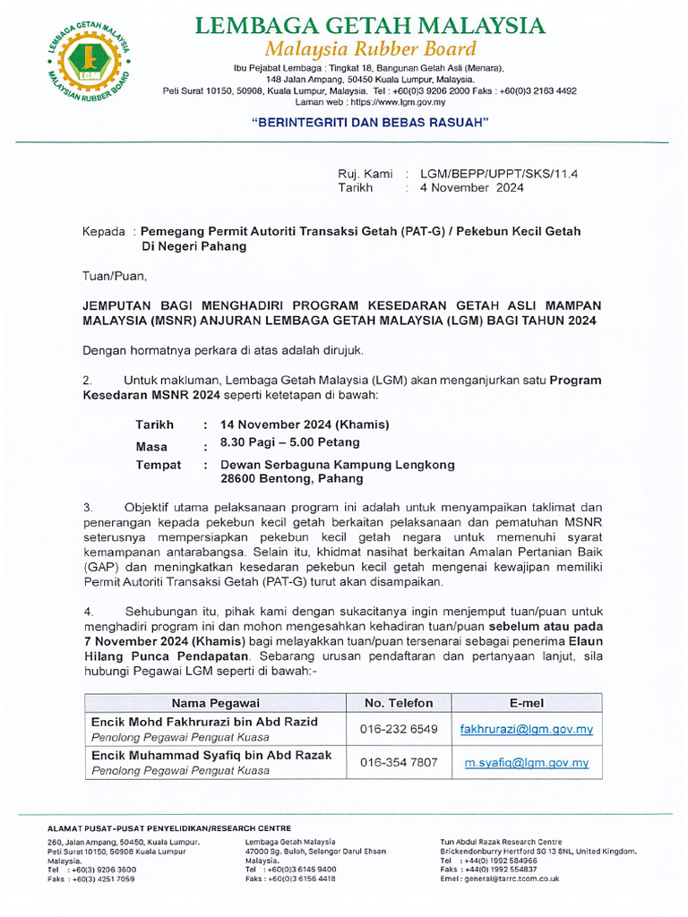 Surat Jemputan Pekebun Kecil Program Kesedaran MSNR Peringkat Negeri ...