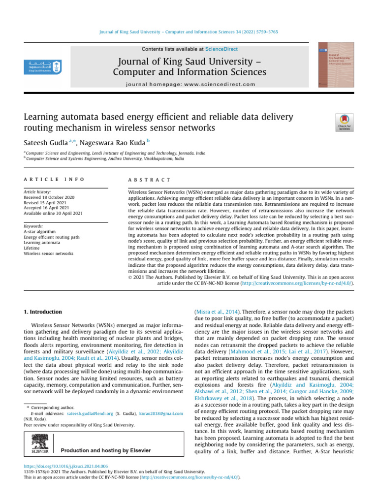 Learning Automata Based Energy Efficient and Reliable Data Delivery Routing Mechanism in ...