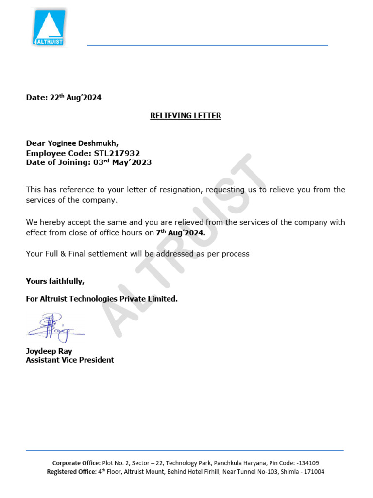 Releiving Letter Yogineee | PDF