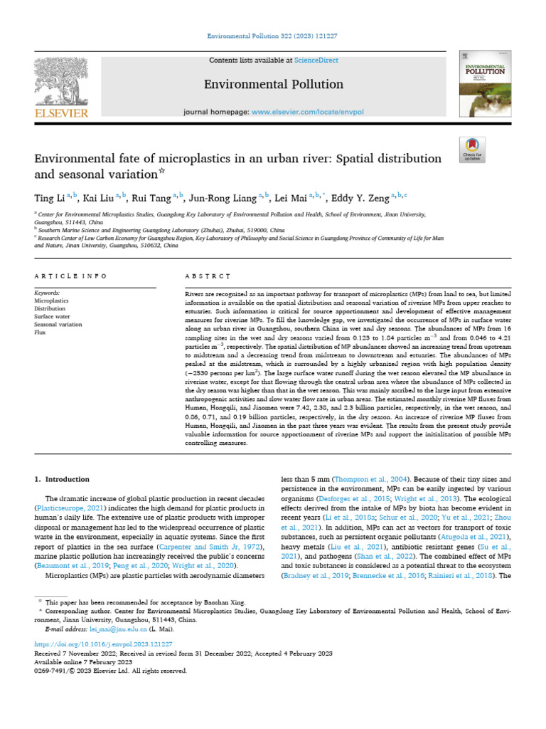 Environmental Fate Of Microplastics In An Urban Riverspati Al