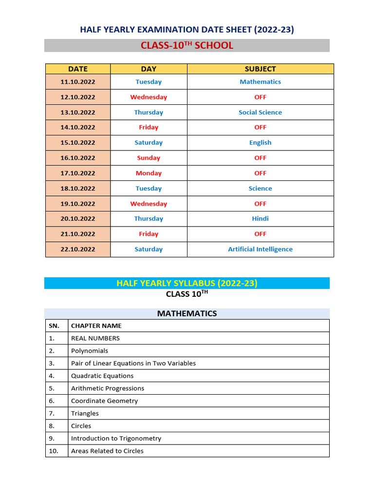 Revised LFH Half Yearly Date Sheet and Syllabus (Class 10TH) | PDF | Equations | Mathematics