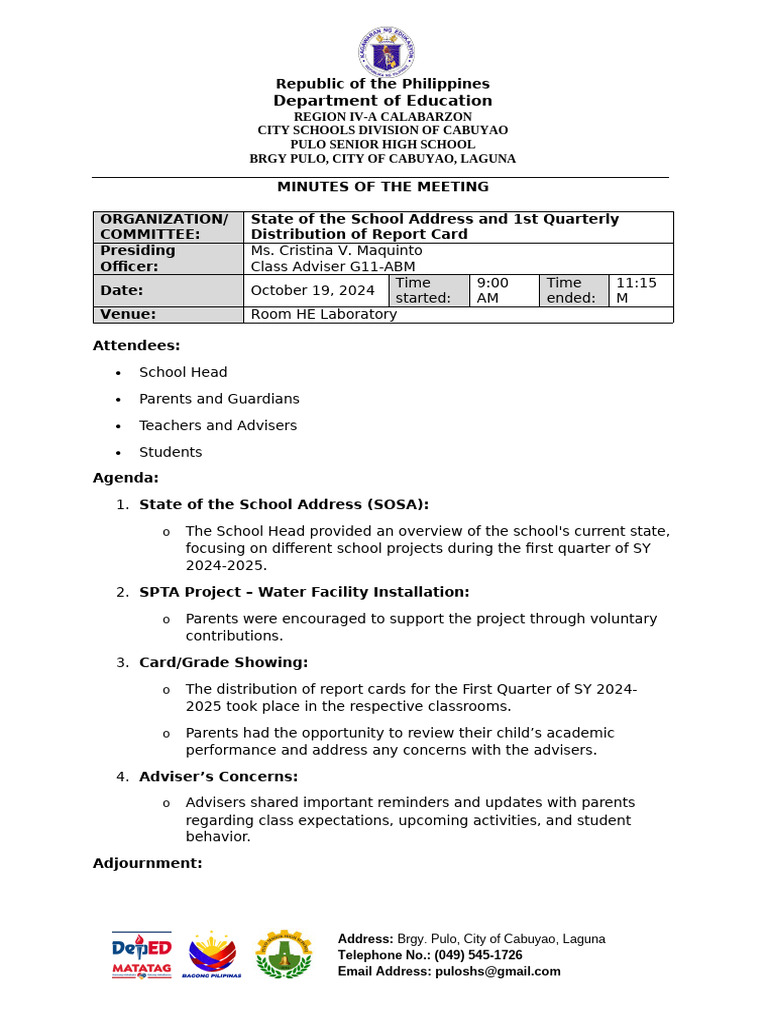 Minutes of The Meeting - G11-Abm | PDF | Wellness