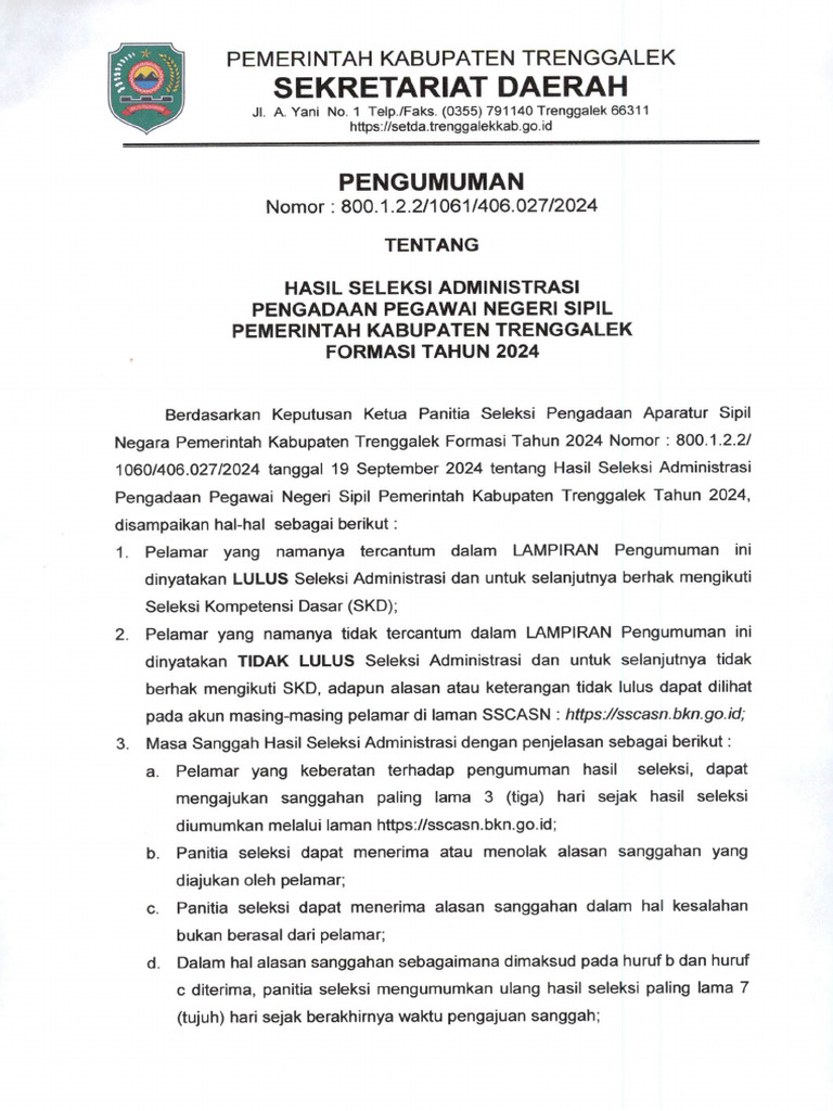 p04 - Pengumuman Hasil Seleksi Administrasi Pengadaan Pns 2024 | PDF