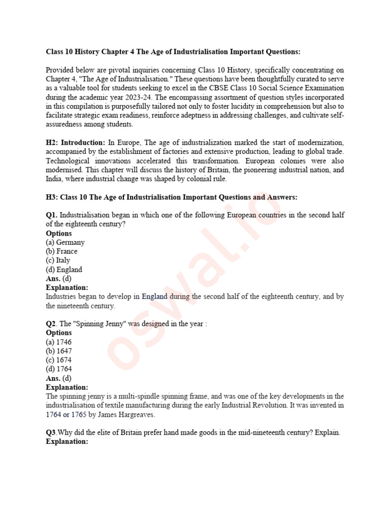 Class 10 History Chapter 4 The Age of Industrialisation Important ...