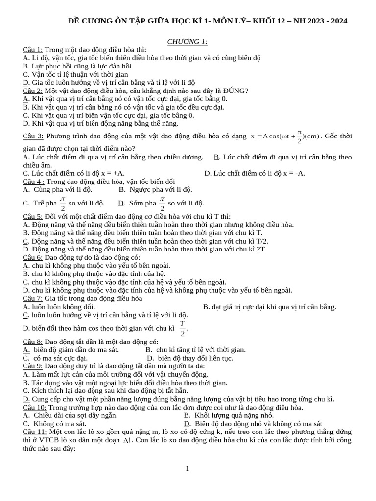 De Cuong On Tap Giua Ki I Vat Ly 12 NH 2023-2024 | PDF