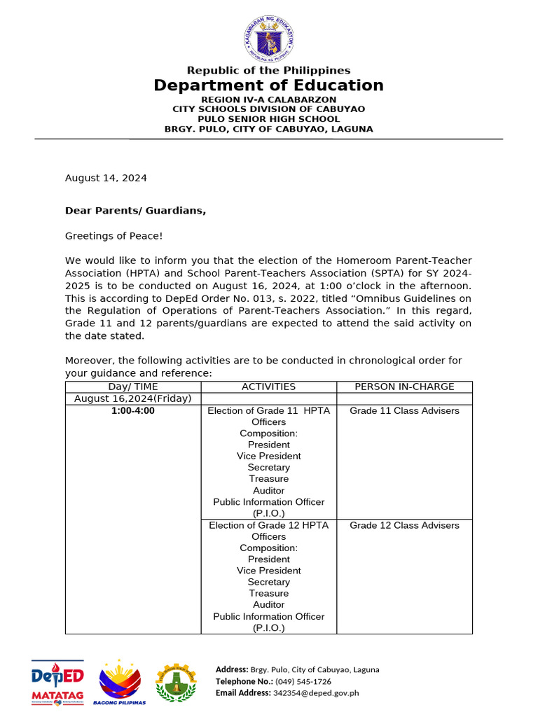 PSHS-LETTER-HOMEROOM-SPTA-ELECTION2024 | PDF | Educational Organizations