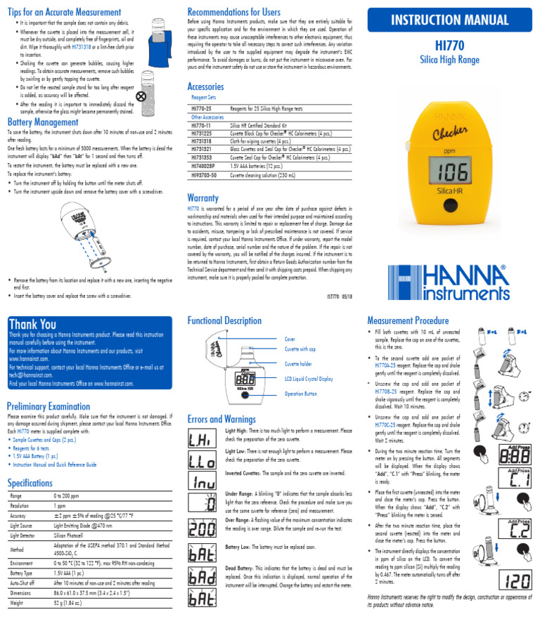 Hanna HI770 Owners Manual | PDF | Parts Per Notation | Silicon