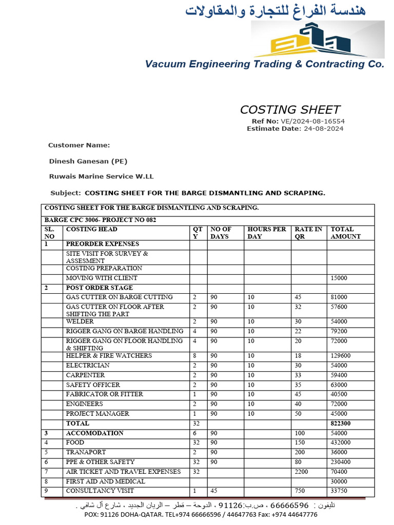 Costing Sheet | PDF