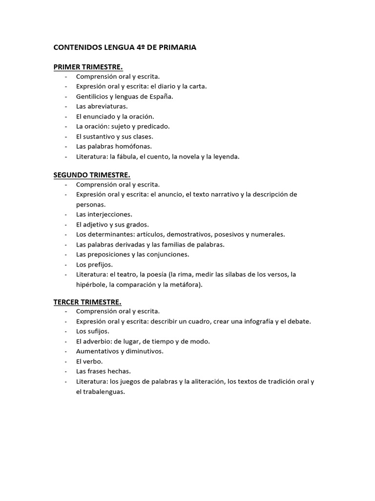 4 Primaria Lengua Contenidos | PDF