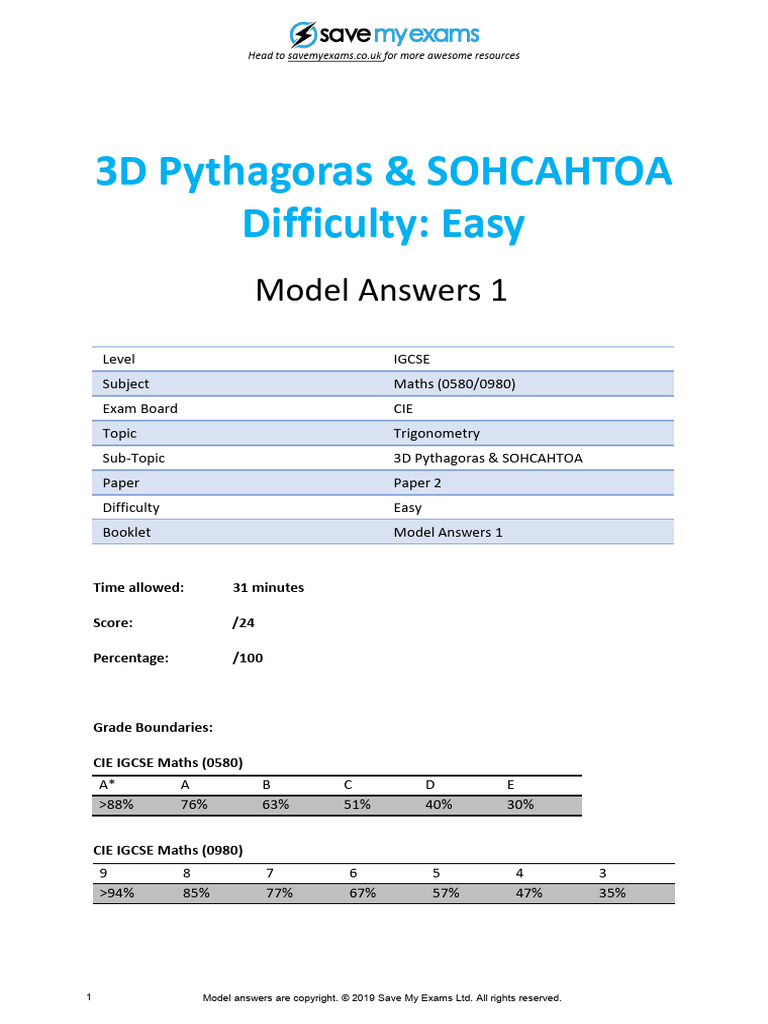 3D Pythagoras - SOHCAHTOA - Easy | PDF | Elementary Mathematics | Euclidean Geometry