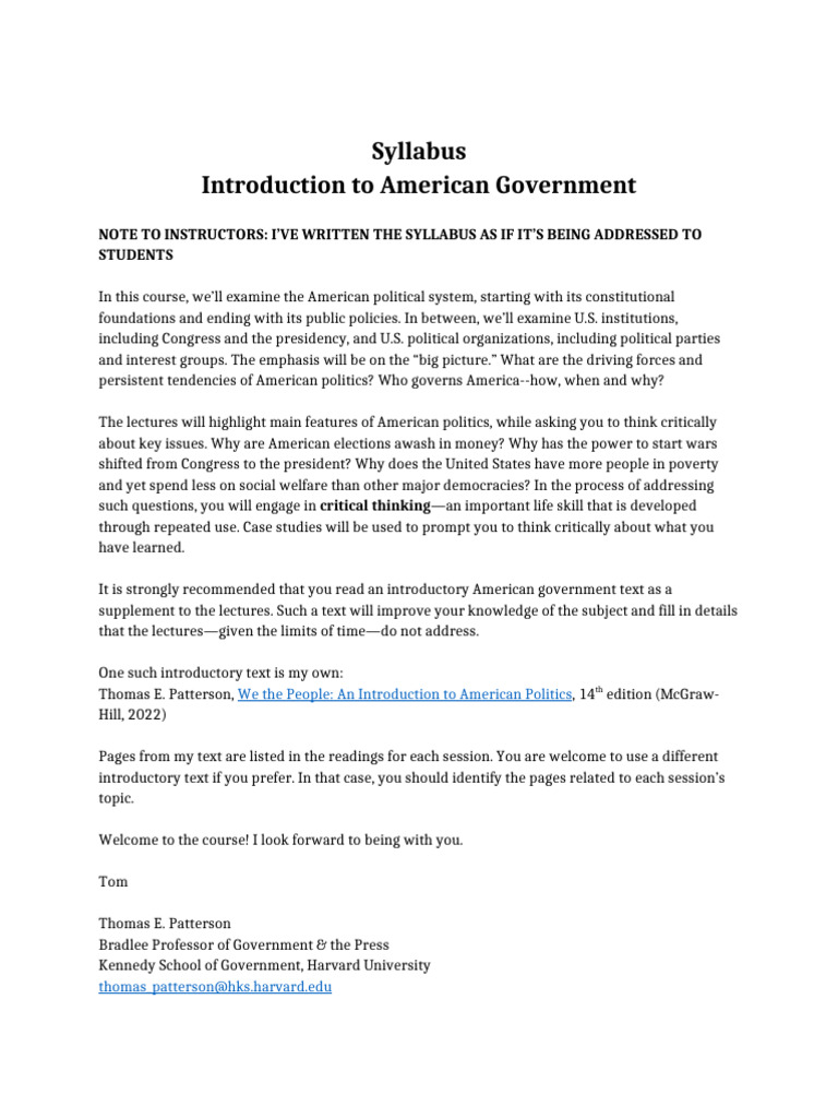 Introduction to American Government Syllabus | PDF | United States ...