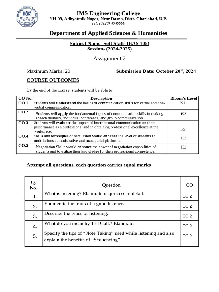 Soft Skills Assignment for BAS 105 | PDF | Communication | Psychology