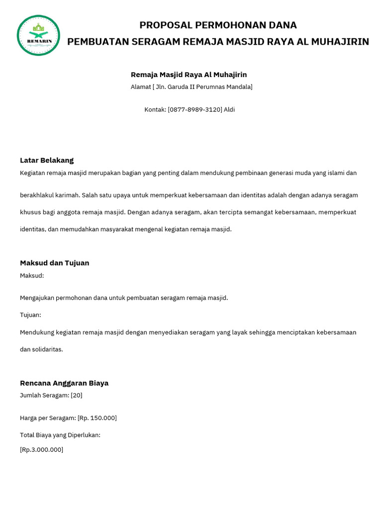 Proposal - Permohonan - Dana - Seragam - Remaja - Masjid - Raya - Al ...