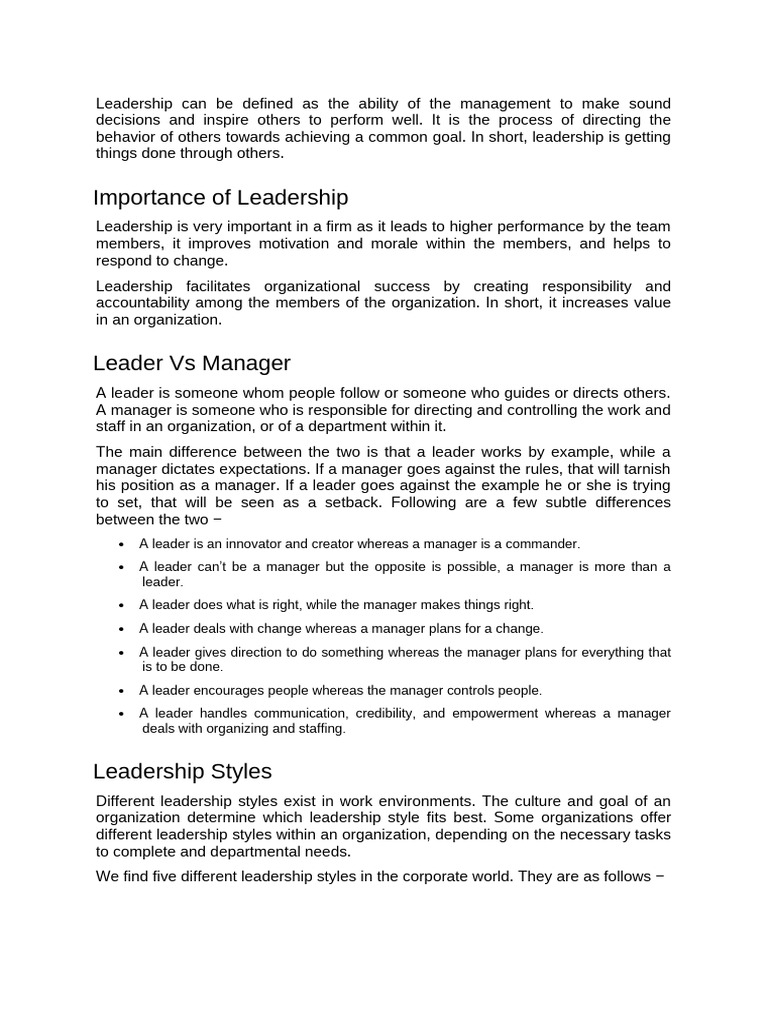 Leadership Notes Organizational Behavior Pdf Leadership
