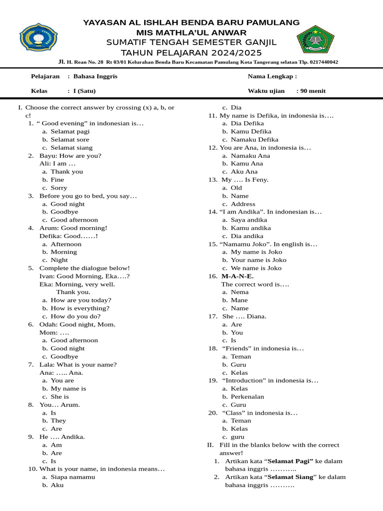 Soal Bing KLS 1 | PDF