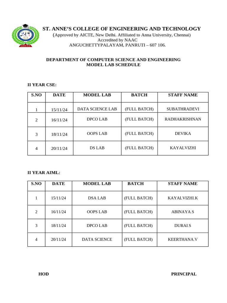 Model Lab Schedule For 2nd Yr Cse and Aiml | PDF