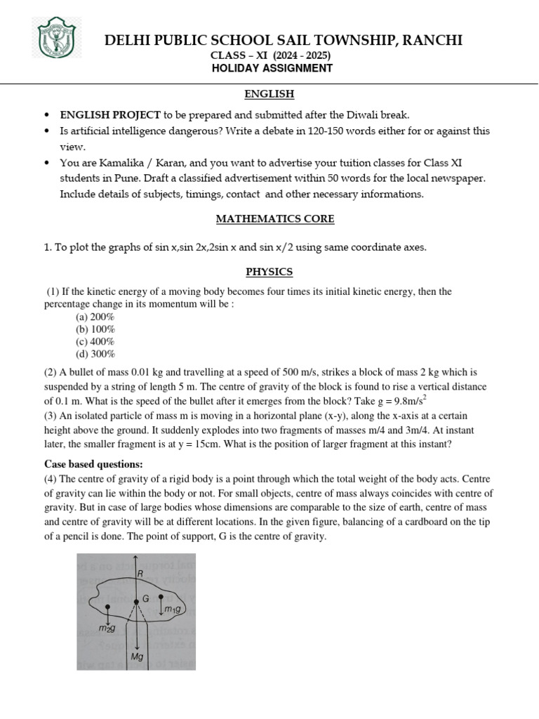 Xi Holiday Assignment 2024 | PDF | Center Of Mass | Mass