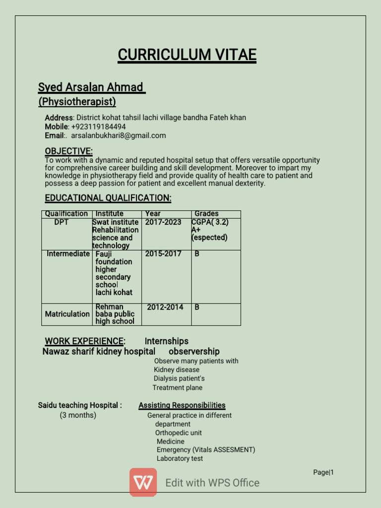 Dr_Arsalan_PT_CV | PDF | Physical Therapy | Medicine
