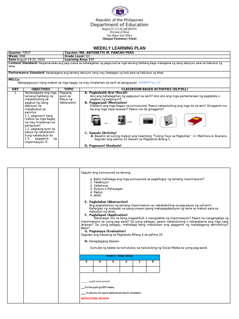 Department of Education: Weekly Learning Plan | PDF