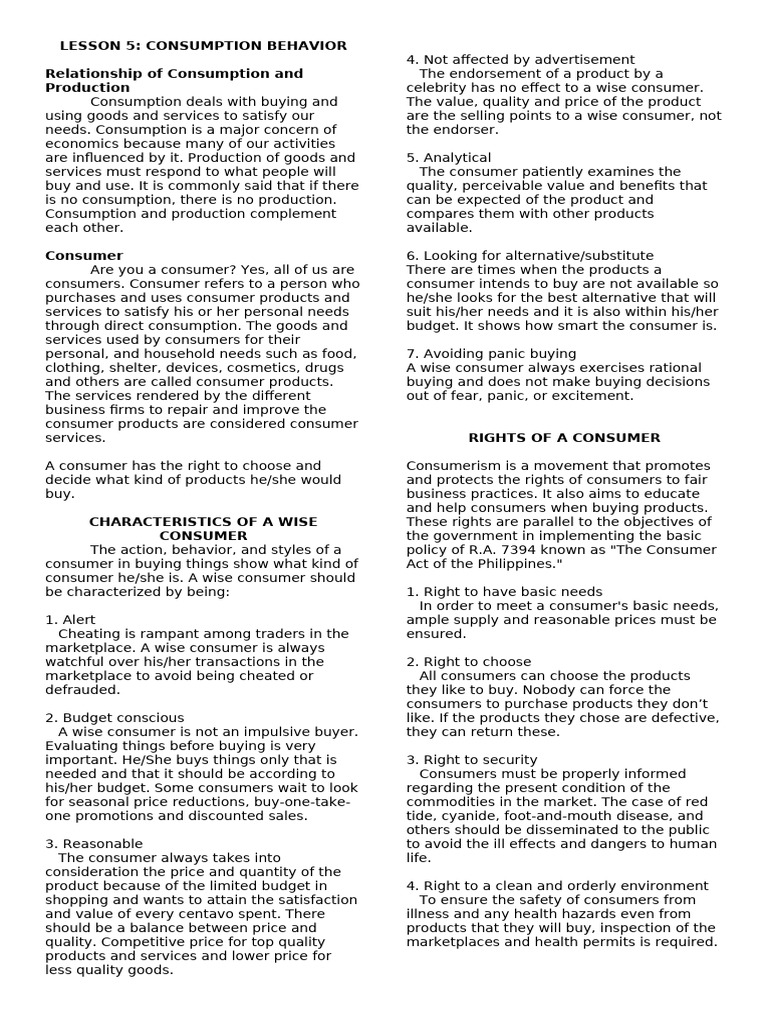 Lesson 5 Consumption Behavior | PDF | Consumption (Economics) | Goods