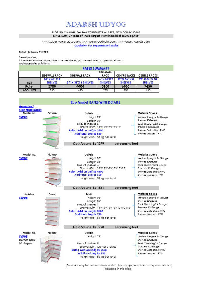 Quotation For Supermarket Racks - Adarsh - 5.2.24 | PDF