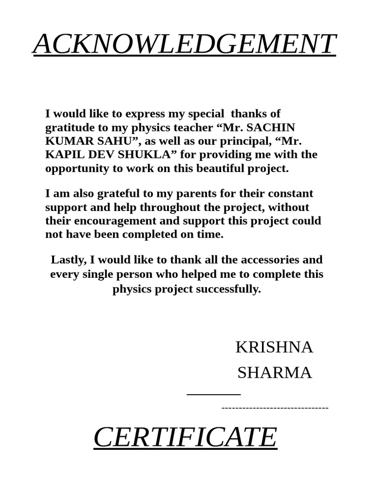 Acknowledgement for Physics Project | PDF | Gravity | Force