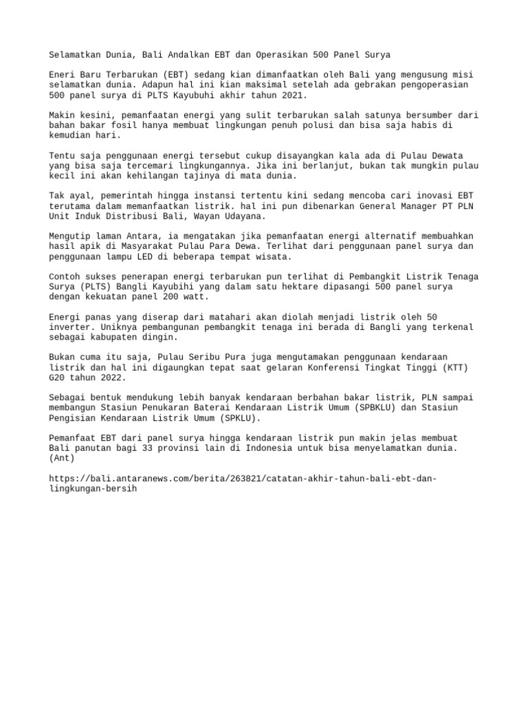 Ebt Bali Panel Surya Selamatkan Dunia UDH | PDF