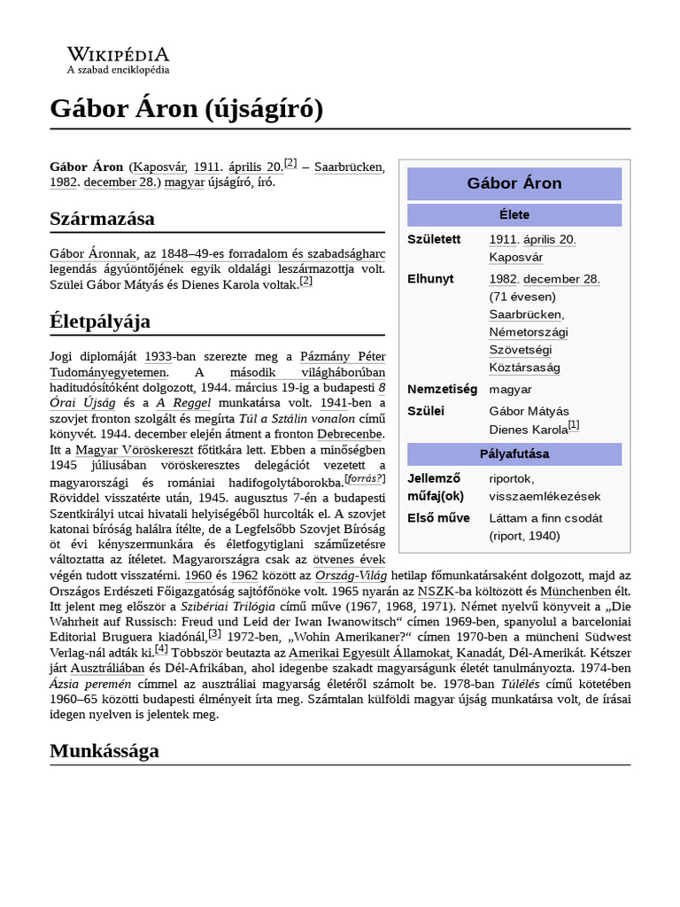 Gábor Áron (Újságíró) Wikipédia | PDF