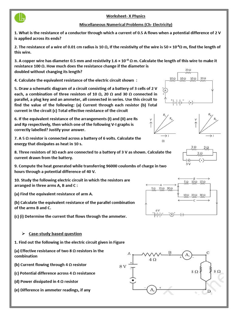 Worksheet X Electricity (Numericals) | PDF