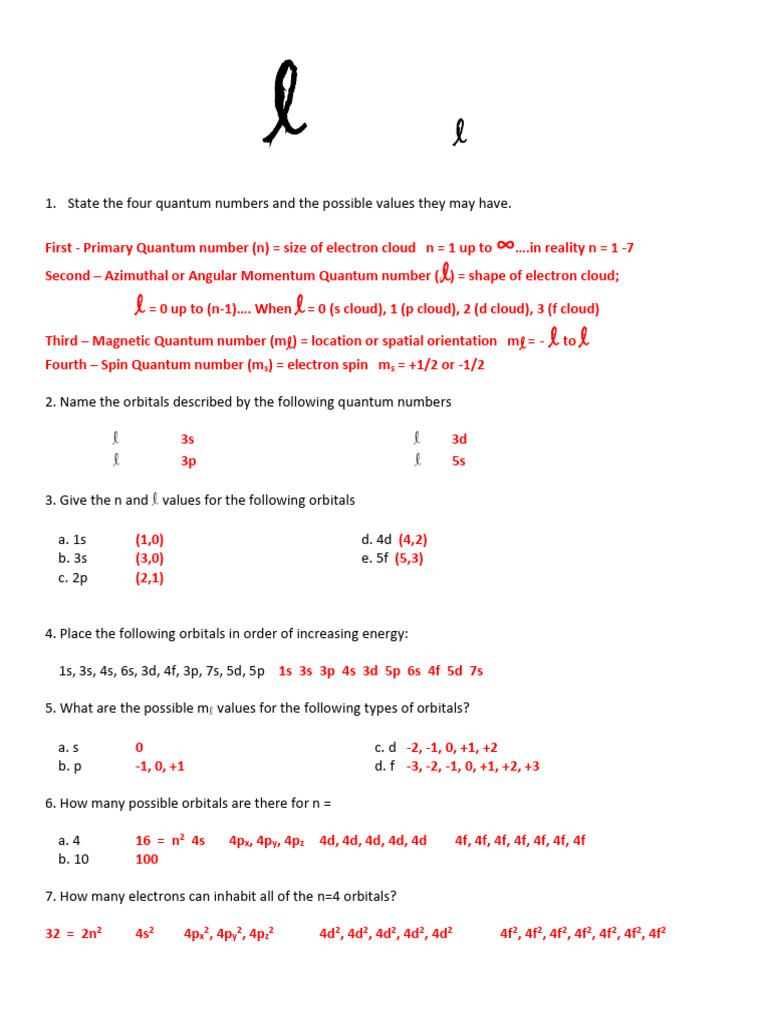 1.5.1-Quantum Numbers Worksheet Key | PDF | Atomic Orbital | Atomic