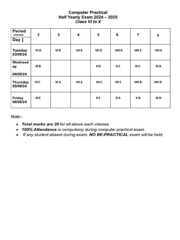 Computer LAB Exam Schedule Class VI To X | PDF