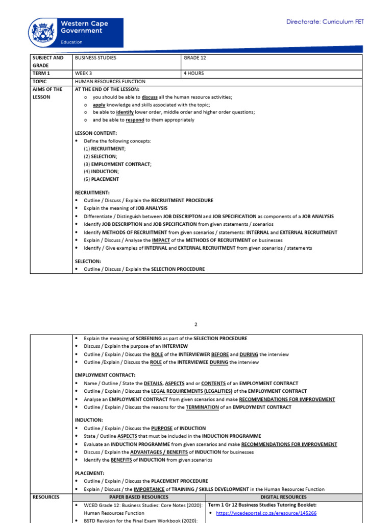 Business Studies Grade 12 Term 1 Week 3 - 2021 | PDF | Recruitment ...