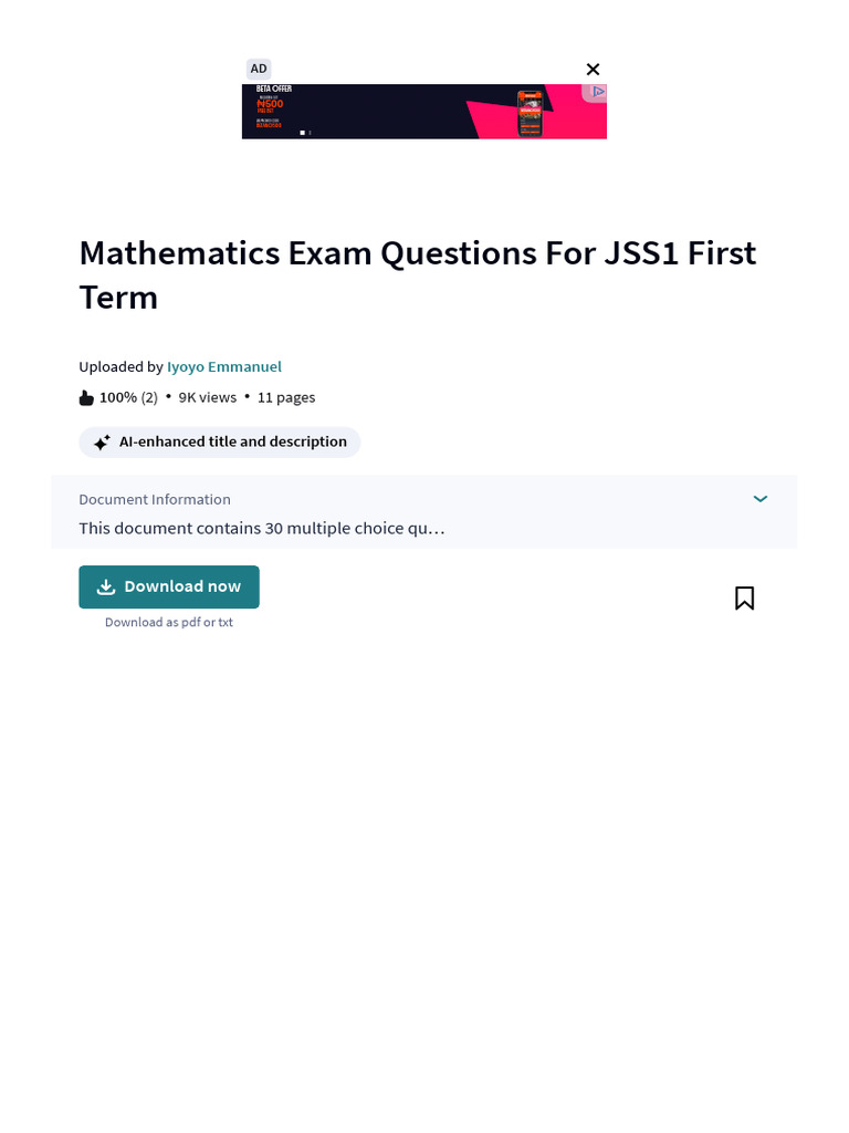 Mathematics Exam Questions For JSS1 First Term: This Document Contains ...