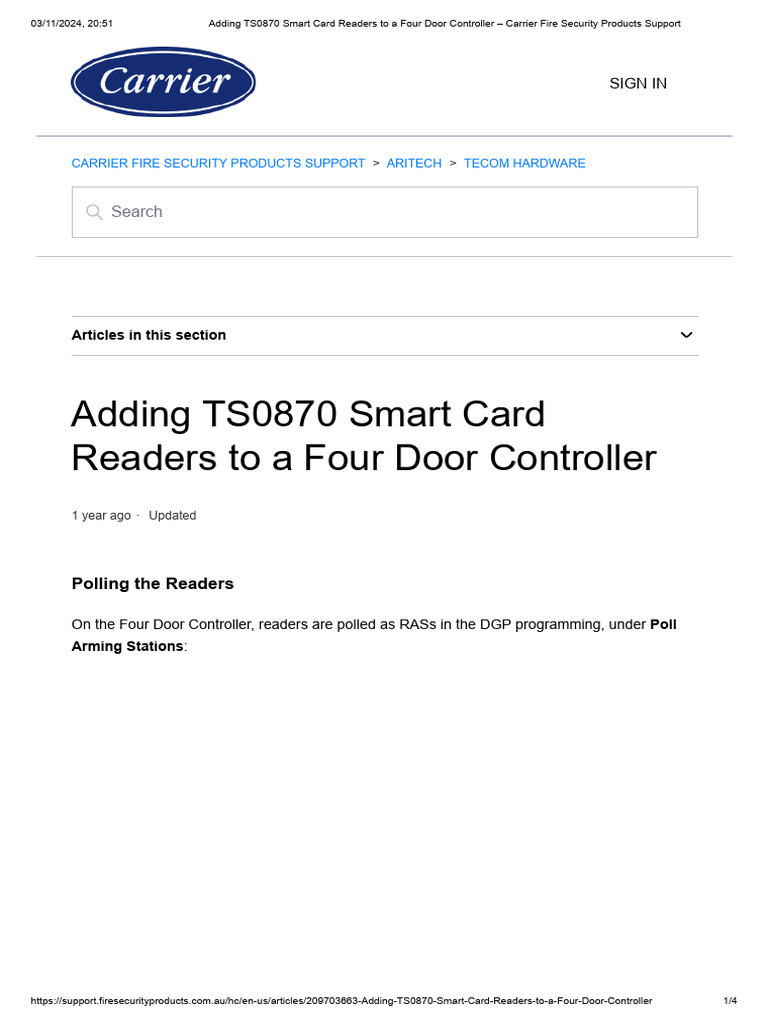 Adding TS0870 Smart Card Readers To A Four Door Controller - Carrier ...